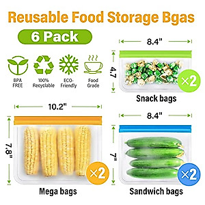 Reusable Food Storage Bags, 6 Pack BPA Free Reusable Freezer Bags, Extra Thick Leakproof Resealable Silicone Lunch Food Bags for Meat Veggies 2 Gallon Bags 2 Sandwich Bags 2 Snack Bags