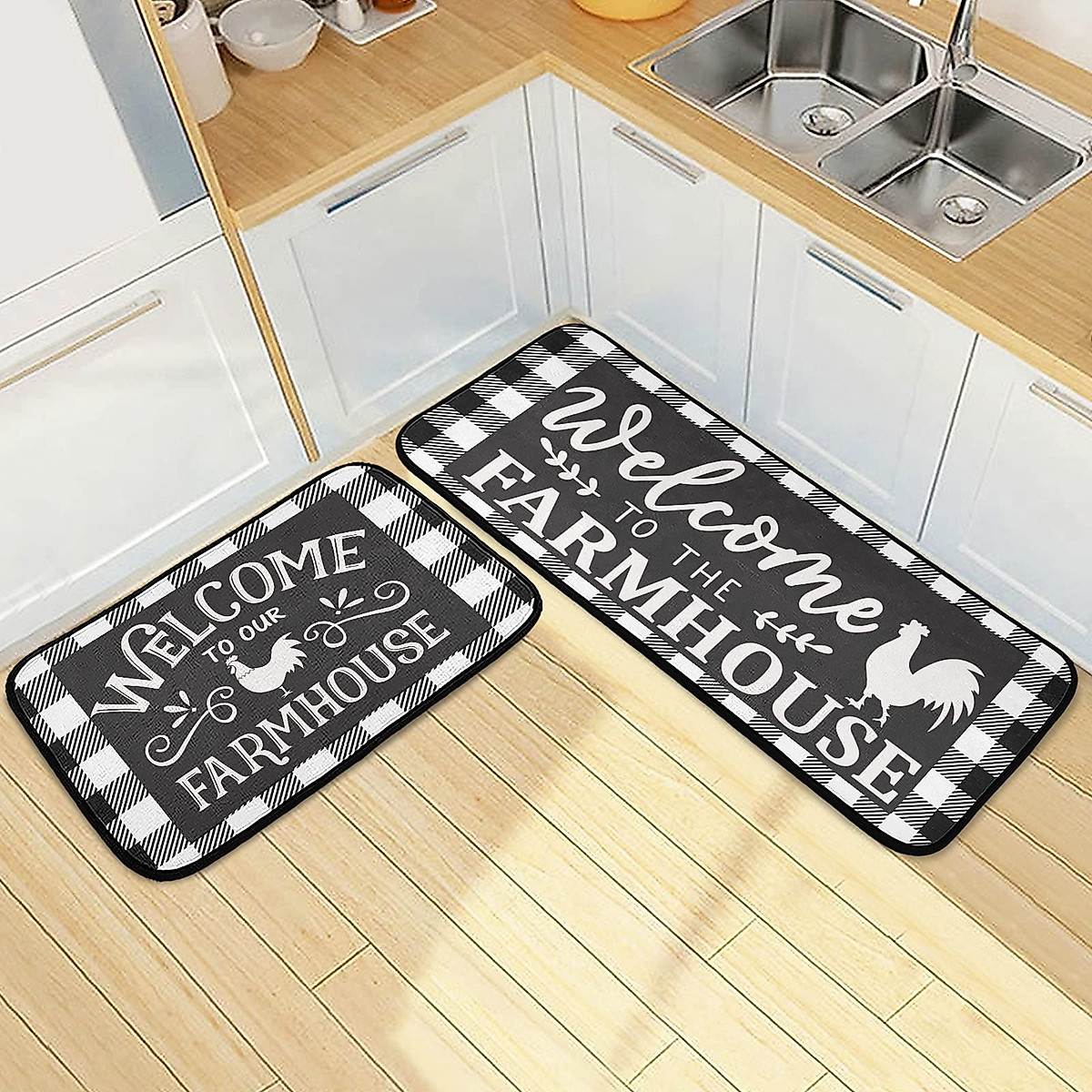 Emelivor Buffalo Plaid Checked Farmhouse Kitchen Mat Set of 2 Anti-Fatigue Kitchen Rug Set Non Slip Foam Cushioned Kitchen Runner Rugs and Mats Comfort Standing Mat for Farmhouse Doormat Laundry