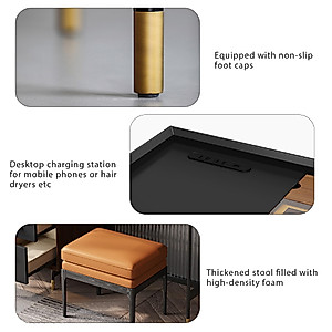 POVISON 47" Modern Wood Luxury Vanity Makeup with Mirror and Lights (3 Modes), 5 Drawers, Charging Station, Tempered Glass Top, Walnut Veneer Finish, Dressing Table with Comfort Stool - Easy Assembly