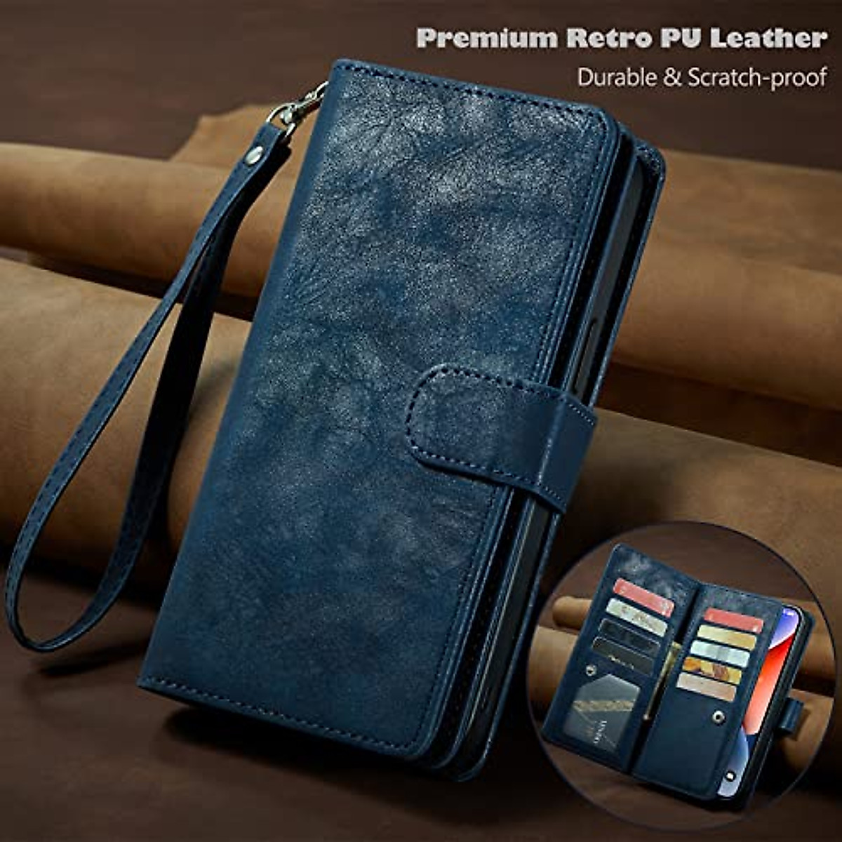 Varikke for iPhone 14 Wallet Case, Detachable Magnetic Wallet Flip Cases with Card Holder & Kickstand & Wristlet Fits iPhone 14 [6.1 inch] Phone Cover for Women Men Durable PU Leather, Vintage Blue