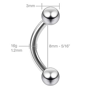 Bling Piercing 16g Curved Barbell Internally Threaded Vertical Labret Balls Gauge Internal Thread Jewelry 8mm 5/16