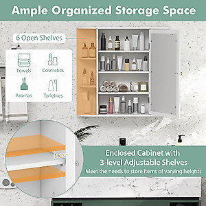 RELAX4LIFE Bathroom Wall Cabinet with Mirror - Medicine Cabinet w/Door, 6 Open Shelves & Adjustable Shelves, Over The Toilet Storage Cabinet Organizer, Mirrored Bathroom Cabinet Wall Mount (White)