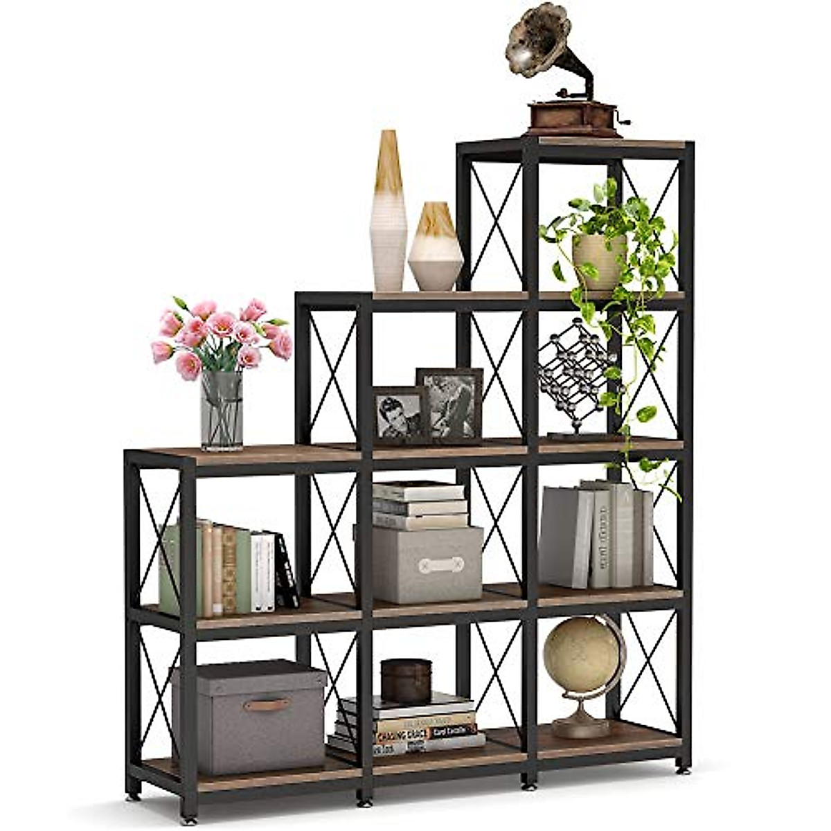 Tribesigns 12 Shelves Bookshelf | Rustic Industrial Corner Storage