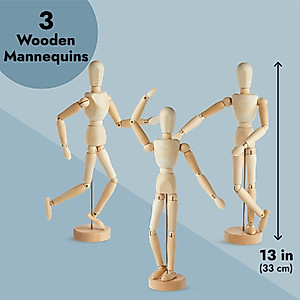 3 Pack Posable Art Figure Model, Flexible Wooden Drawing Mannequin for Artists, Sketching (13 in)