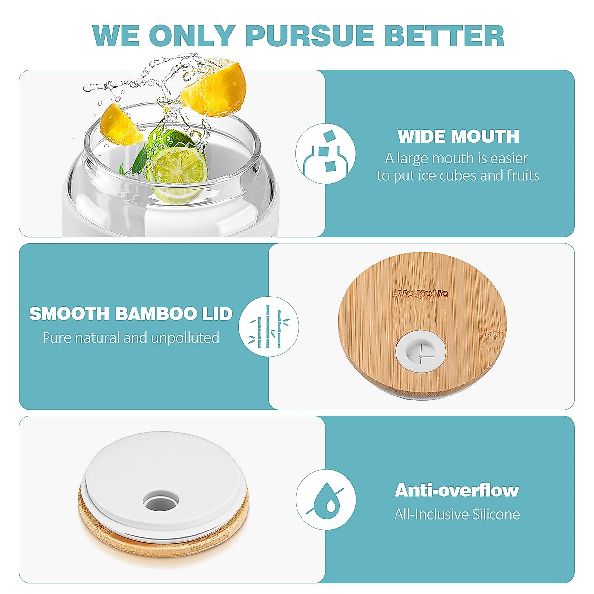 VOKOVO 32oz Glass Tumbler with Bamboo Lid and Straw, Glass Water Bottles with Time Marker, Iced Coffee Cup with Handle, Two Straw - Boba Straw & Drinking Straw Silicone Protective Sleeve-White