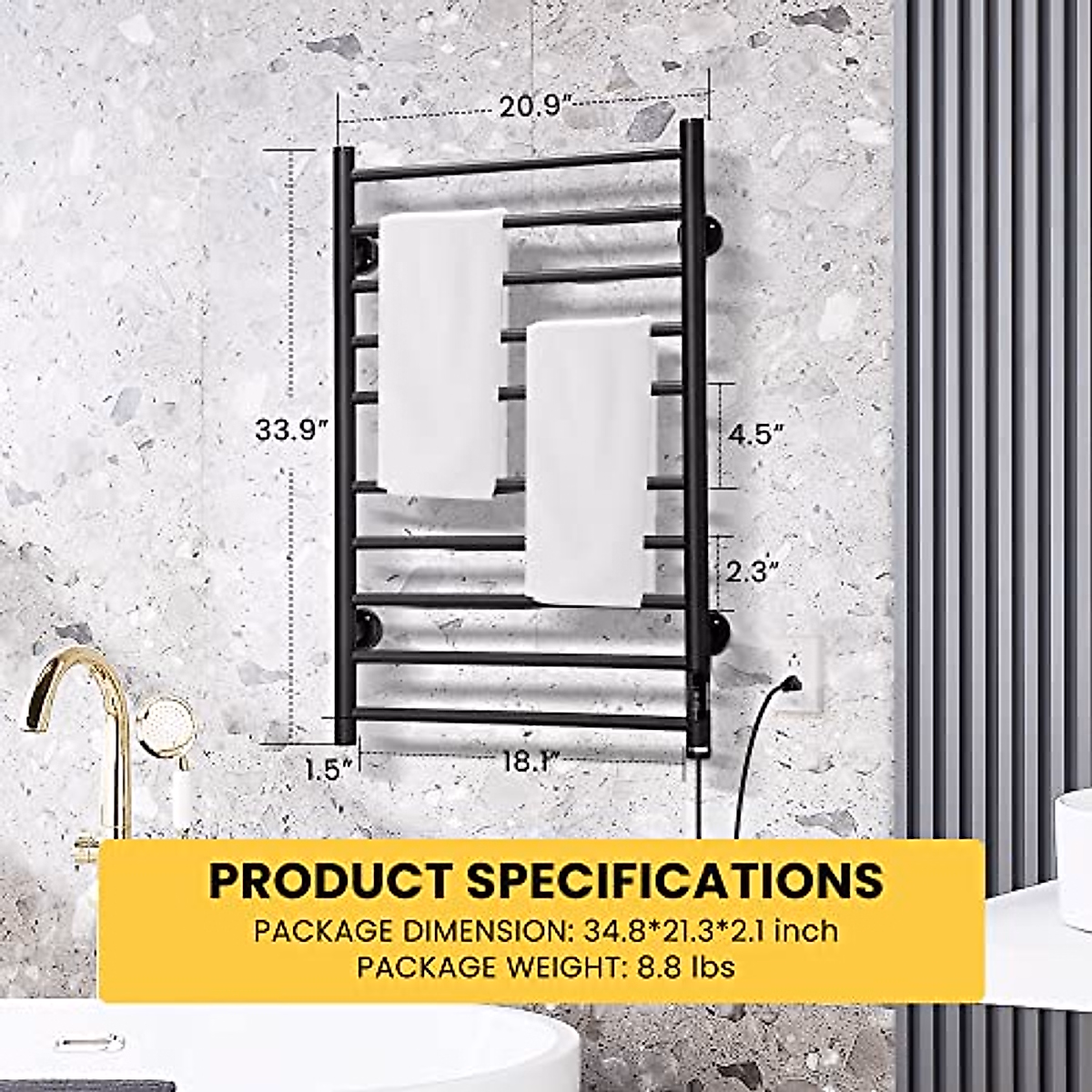 VIVOHOME Electric Heated Towel Rack for Bathroom, Wall Mounted Towel Warmer, 10 Stainless Steel Bars Drying Rack, Black