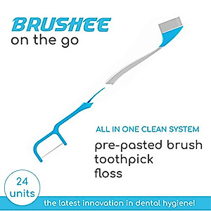 Brushee - The Evolution of Oral Care | 3-in-1 Tool (Pre-Pasted Mini-Brush + Floss + Pick) | Individually Wrapped | Disposable | Prepasted Travel Toothbrushes | Small Adult Toothbrush - (24-Pack)