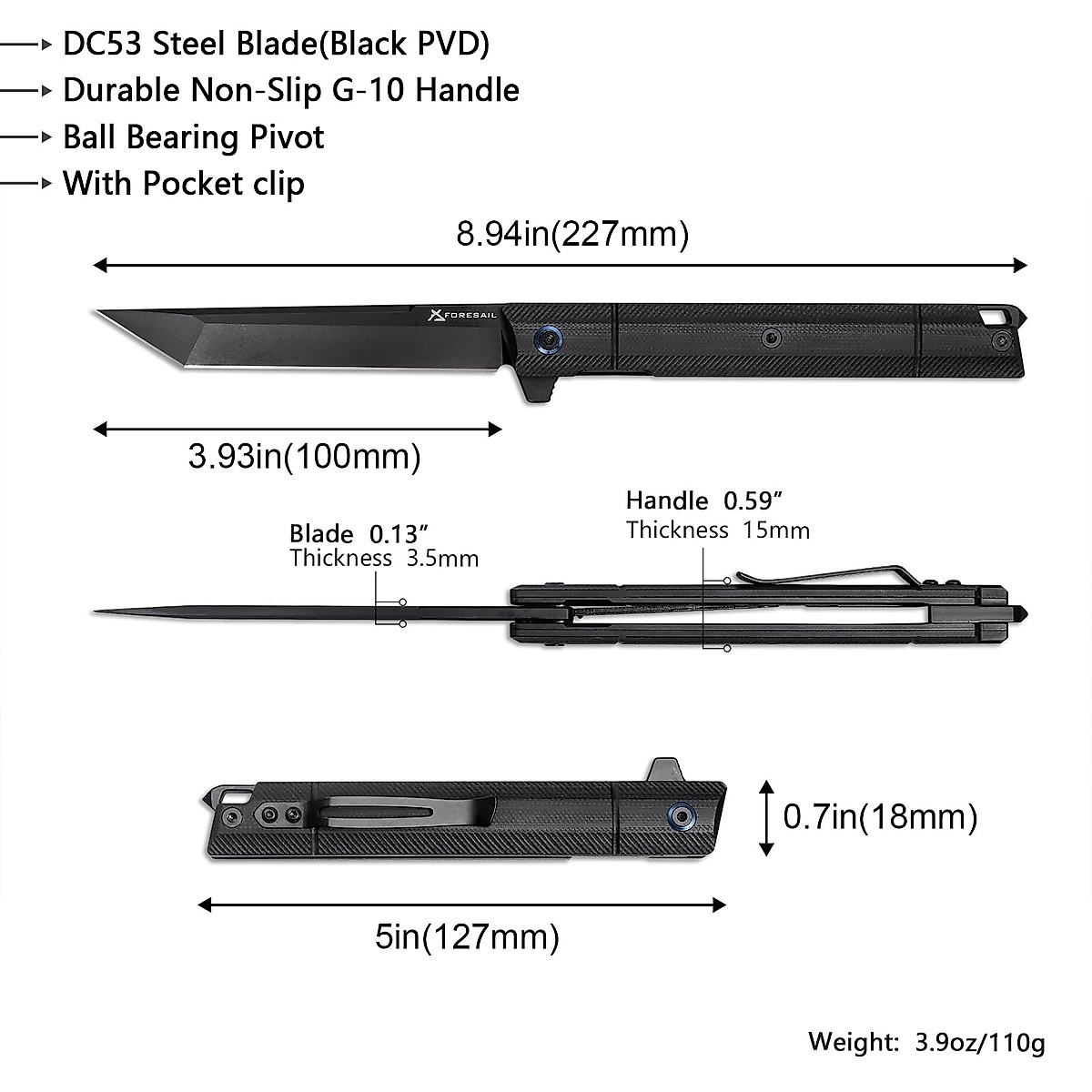 FORESAIL Flipper Pocket Folding Knife,DC53 Steel Blade and G10 Handle. With pocket clip and glass breaker,men's pocket knife hiking trip EDC tool Knife (Black PVD Blade)