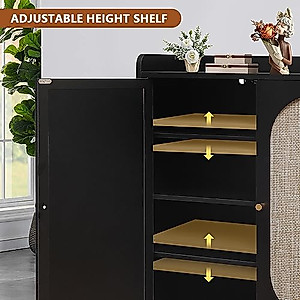 Rattan Sideboard Buffet Cabinet, Accent Storage Cabinet with Handmade Natural Rattan Doors, Free Standing Shoe Rack with Rattan Doors, Natural Rattan Shoe Cabinet Organizer for Bedroom (Black)