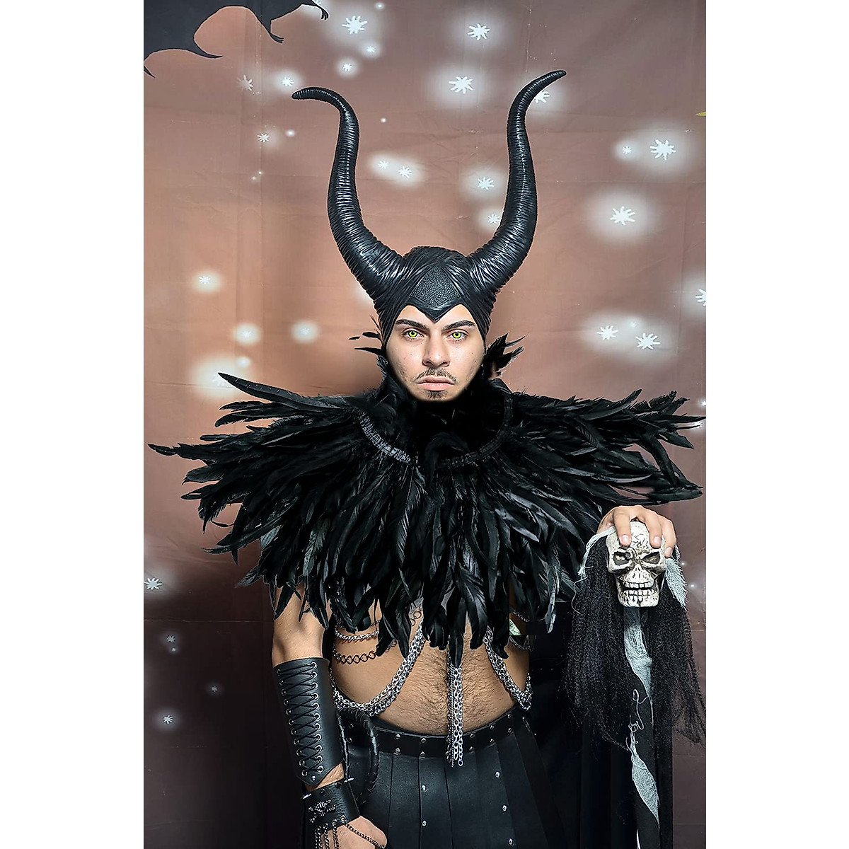 Gothic Real Black Feather Cape Shawl Shoulder Wings Choker Collar with 1 Pair Feather Cuffs, Unisex Fashion Feather Cape Shrug Shawl Stole Poncho, Halloween Cosplay Costume Party for Women Men