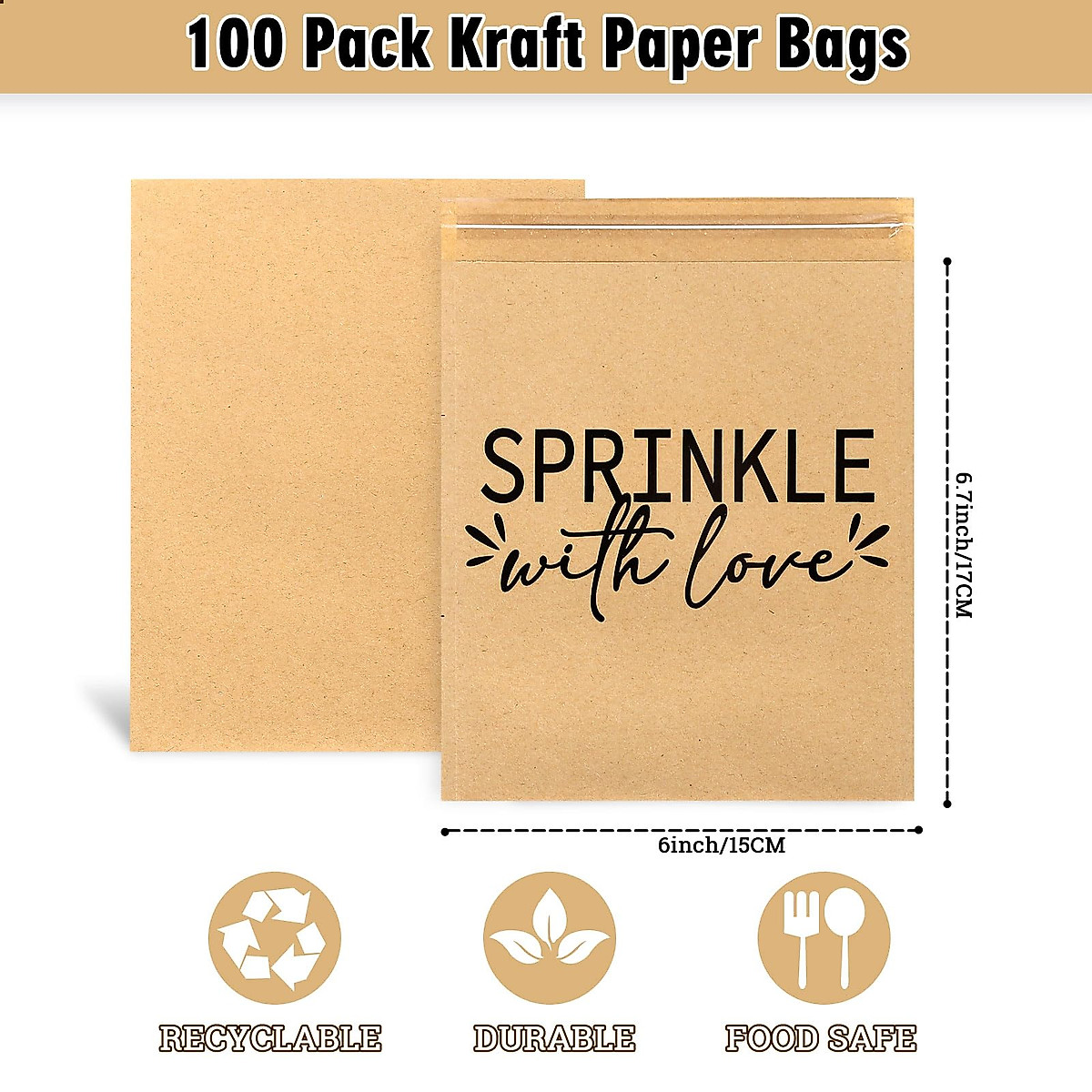 AnyDesign 100 Pack Donut Candy Bags Self-Adhesive Sprinkle with Love Kraft Paper Goodie Treat Bags Natural Brown Gift Snack Buffet Bags for Baby Shower Doughnut Time Supplies