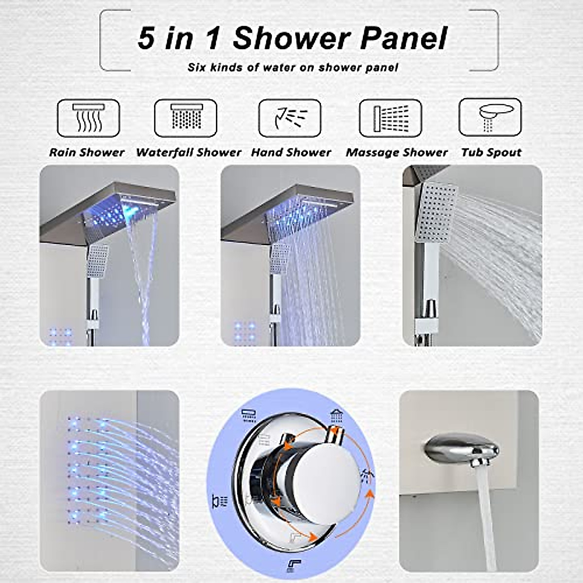 FCOTEEU Shower Panel Tower System,LED Rainfall Waterfall Shower Head LED Large Area Massage Jets Tub Spout,Stainless Steel Bathroom Shower Tower Column Brushed Nickel