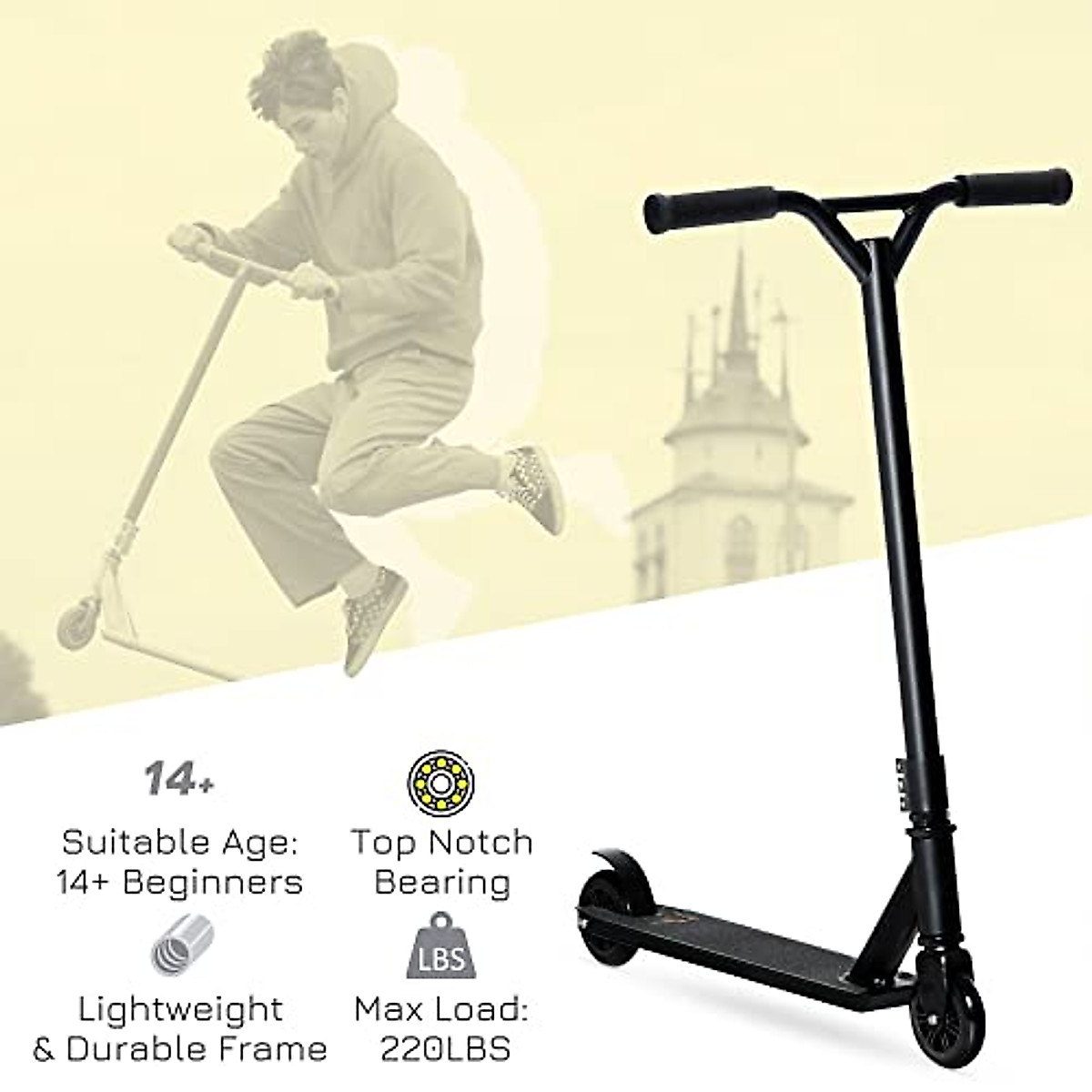 Aosom Stunt Scooter, Pro Scooter, Entry Level Freestyle Scooter w/Lightweight Alloy Deck for 14 Years and Up Teens, Adults, Black
