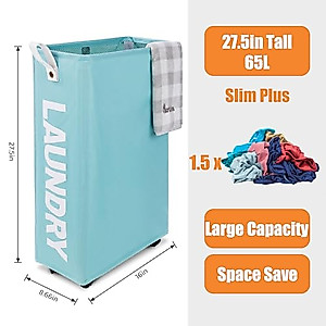 Caroeas X-Large Slim Laundry Baskets 27" Tall with Leather Handle (7 Colors), Laundry Basket on Wheels, Collapsible Laundry Hamper, Rolling Hamper Dorm Baskets