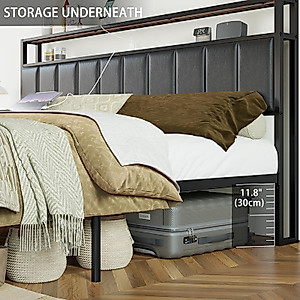 amerlife LED Bed Frame with Drawers, Queen Platform Bed Frame with 2-Tier Storage & Leather Upholstered & Charging Station Headboard, No Box Spring Needed, Easy Assembly, Noise Free, Rustic Brown