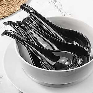 Wareland Asian Soup Spoon Set of 6, 6.75 inch Ultra-fine Ceramic Chinese Soup Spoons, Black Japanese Soup Spoon for Cereal Stews Ramen Pho Wonton Dumpling Miso, Deep Oval Hook Design, Dishwasher Safe