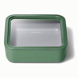 Caraway Glass Food Storage, 10 Cup Glass Container,Ceramic Coated Food Container,Easy to Store, Non Toxic, Non Stick Lunch Box Container with Glass Lids. Dishwasher, Oven,Square Shape,Sage