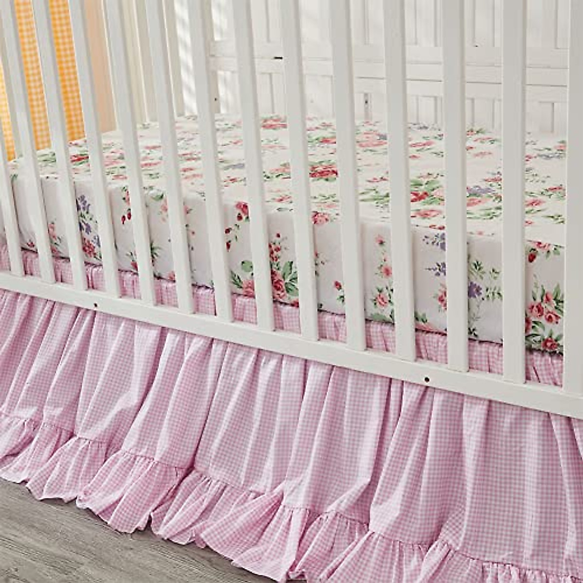 Brandream Pink Floral Crib Bedding Sets for Girls Farmhouse Chic Nursery Bedding Collection, 100% Cotton 3 Pieces