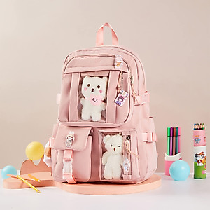 BUNXIZHUN Kawaii Backpack, 20L, Pink, Adjustable, for School Girls & Women with Kawaii Pin & Accessories