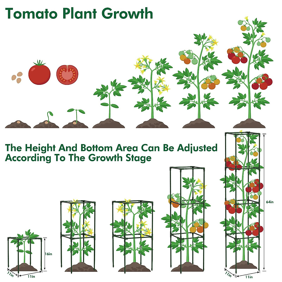 ROADPLUM 3 Pack 48" Tomato Cages for Garden, Plastic Coated Steel Pipe Heavy Duty Adjustable Tomato Stakes Trellis Plant Cages for Vegetable, Fruit, Flower, Rose Vine Climbing Plants