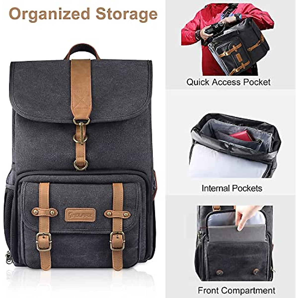 Endurax Canvas Camera Backpack Bag for Photographers DSLR Backpacks fit up to 15.6 Laptop Rain Cover Included