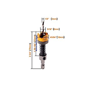 Adjustable Depth Countersink Drill Bit, Self-Adjusting Depth Control Without Wrench, Preventing Scratches Or Marks by Stopper Mounted Bearing, Tungsten Carbide Tipped Counterbore (1/8" x5/16(3x8mm))