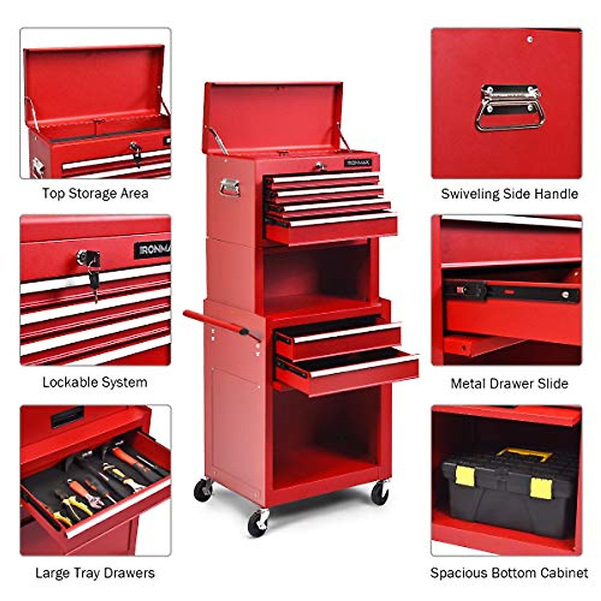 Goplus 6-Drawer Rolling Tool Chest, 3-in-1 Tool Box Organizer w/ Auto Locking System & Lockable Wheels & Sliding Drawers & Detachable Top, Tool Storage Cabinet for Garage Workshop, Red
