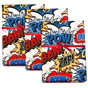 Celebrate Next SuperHero Bow Pow Gift Wrap Wrapping Paper Folded with Gift Tags