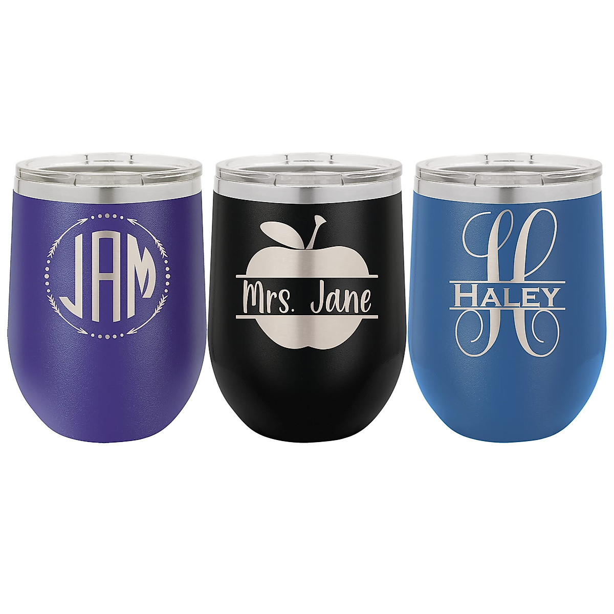 Personalized Monogram Stemless 12 oz Wine Glass, Birthday Gift for Her, Appreciation for Teacher, Thank You, Graduation Gift for Friend, Laser Engraved, Vacuum Insulated, Stainless Steel, Includes Lid