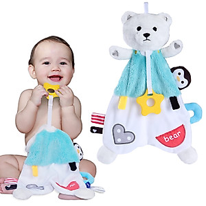 Lovvie & Joy Poalr Bear Baby Security Blanket with Teether Toys, Crinkle and Colorful Tags, Baby Registry Search Gifts for Boys and Girls,12.9x9.4 Inch