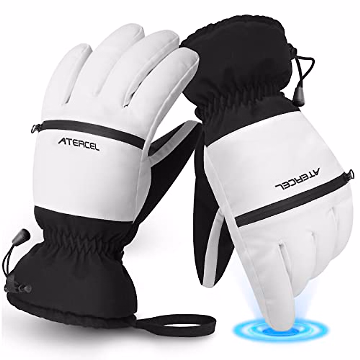ATERCEL Waterproof Touchscreen Ski Gloves, Snow Gloves for Snowboard, Snowmobile, Winter Hiking for Man and Women, Suitable in Cold Weather(White, Small)