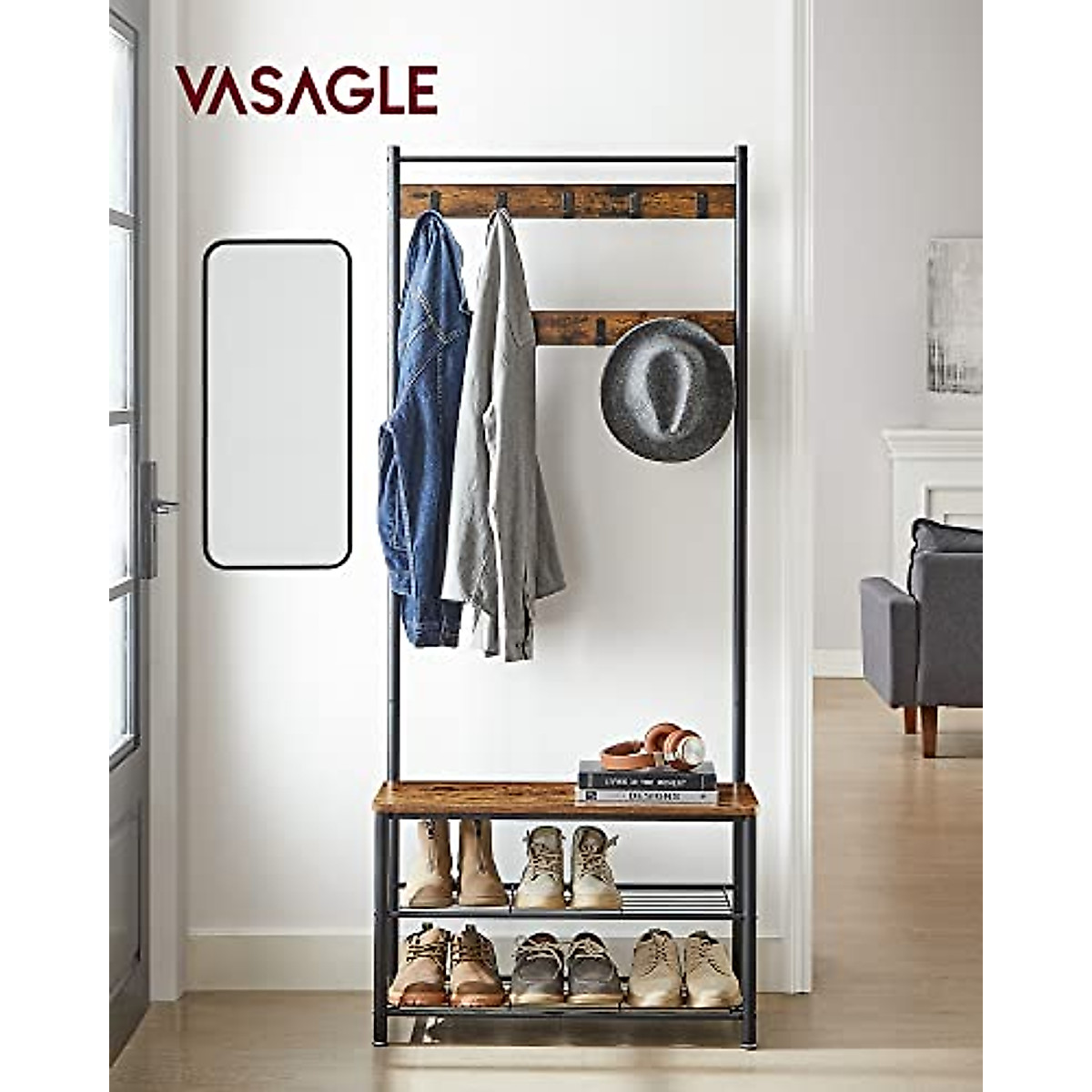 VASAGLE Coat Rack, Hall Tree with Shoe Storage Bench, Entryway Bench with Shoe Storage, 3-in-1, Steel Frame, for Entryway, 12.6 x 27.6 x 69.8 Inches, Industrial, Rustic Brown and Black UHSR41BX