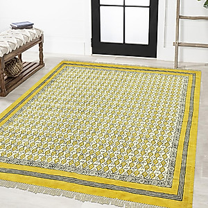 CASAVANI Collection Rectangular Rug - 5x7 Ft Musterd Yellow Cotton Dhurrie Floral Kilim Rug Indoor Outdoor Use Carpet Flatweave Rug High Traffic Area in Bedroom Dining Room Living Room