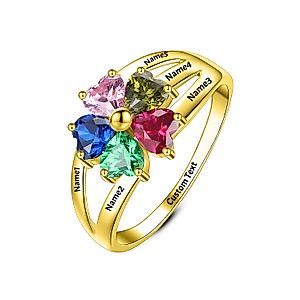 Globart Personalized Engraved Custom Name Sterling Silver Mothers Rings With Birthstones Mother Day Ring for Women Mom Children Daughter 4 Stone Family Grandmother Birthstone Jewelry Grandma Gifts