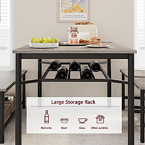 GAOMON Dining Table Set for 4, Kitchen Table and Chairs for 4 with Wine Rack, Dining Room Table Set with Bench, Rectangular Kitchen Table Set for Small Space, Apartment, Studio, Retro Gray