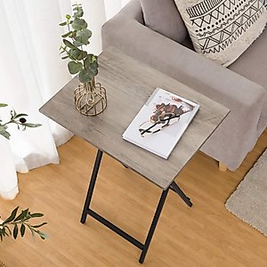 HOOBRO Folding TV Tray Tables, Set of 2 Side Table for Small Space, Industrial Snack Tables for Eating at Couch, Stable Metal Frame, Easy Assembly, Space Saving, Greige and Black BG25BZ01