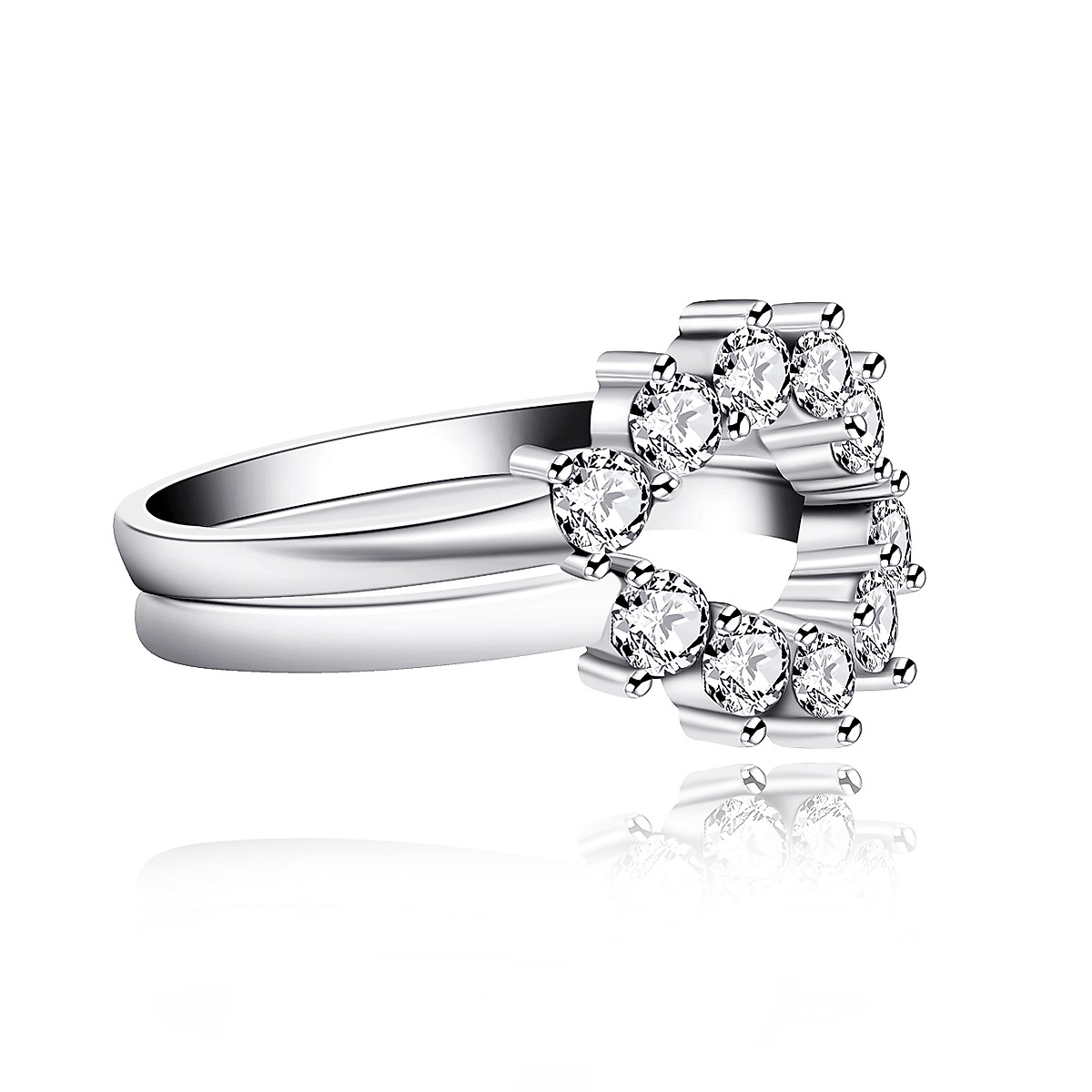 Uloveido 2 Silver Color Stacking Rings Set for Women with Cubic Zirconia, Rhodium Plated Sterling Silver Tiara Crown Dainty Wedding Engagement Promise Halo Ring Enhancer Size 7 Y1520