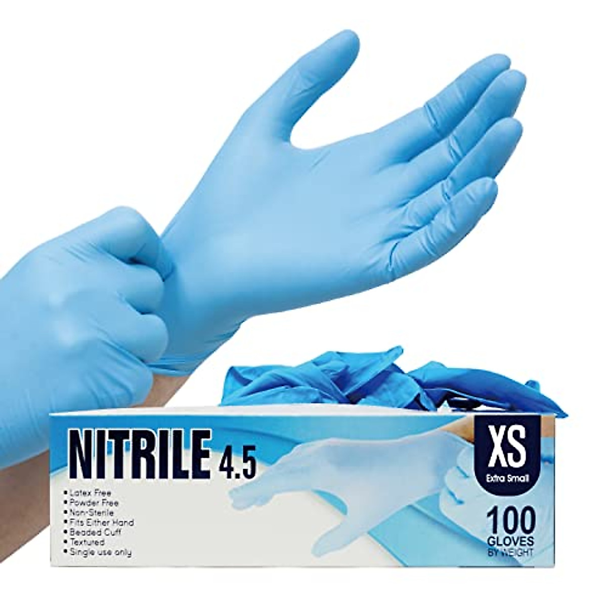 Nitrile 4.5 Gloves, Size XS, 100 Glove Pack, Latex Free, Powder Free, Blue Textured Gloves, Ambidextrous Heavy Duty Rubber Gloves with Beaded Cuffs, Single Use
