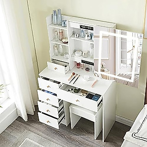JBLCC Large Vanity Desk with Mirror and Lights, Vanity Table Makeup Vanity with Slidable Mirror 5 Drawers and Storage Shelves,Dressing Table Set 3 Lighting Color Adjustable (05LED)