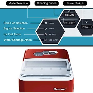COSTWAY Ice Maker Countertop with Self-cleaning Function, Make 44 Lbs Ice in 24 Hours, Ice Cubes Ready in 8.5 Mins, Ideal for Bar Home and Office, Portable Ice Machine with Ice Scoop and Basket, Red