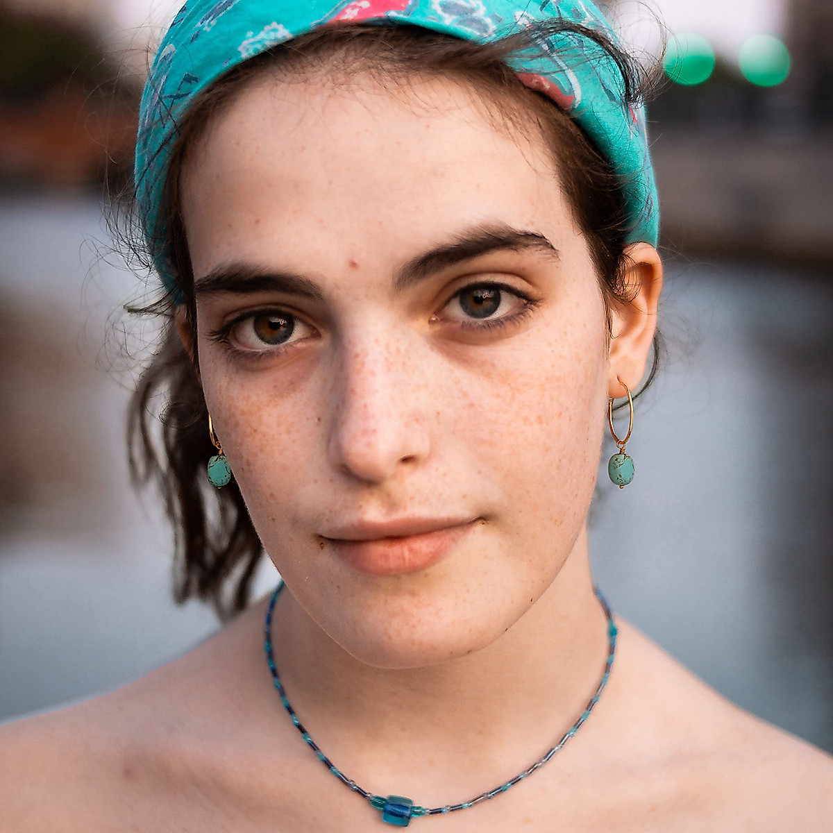 PEARLADA 18k Gold Hoop Earrings with Turquoise Charm Boho Dangle Drop Earrings Trendy Handmade Summer Jewelry