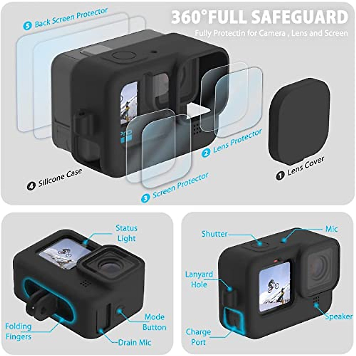 FitStill Silicone Sleeve Case for Go Pro Hero 11 /Hero 10 /Hero 9 Black, Battery Side Cover & Screen Protectors & Lens Caps & Lanyard for Go Pro Hero 11 /10 / 9 Accessories Kit