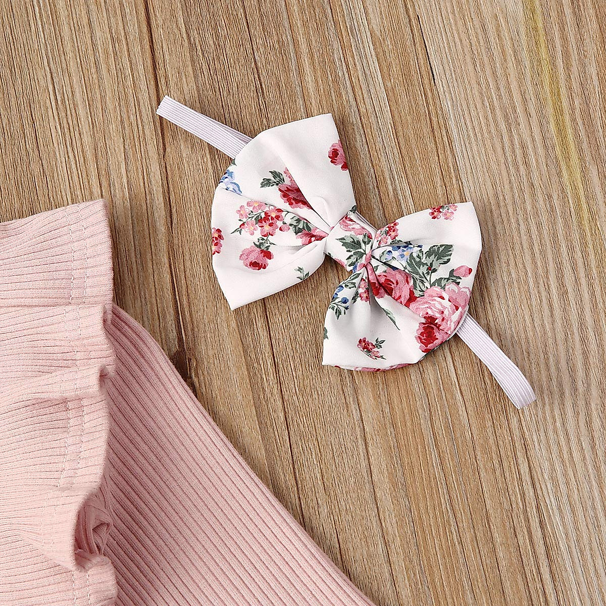 Newborn Infant Baby Girls Easter Outfits Bunny Long Sleeve Knitted Romper Bodysuit Floral Pants with Headband 3Pcs Clothes Set (Shrimp Pink, 0-6 Months)