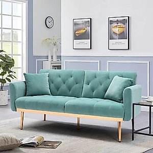 Convertible Futon Sofa Bed, Velvet Upholstered Folding Sleeper Sofa with Adjustable Backrest and 2 Pillows, Button Tufted Loveseat Sofa Couch with Metal Legs for Living Room Bedroom Office, Mint Green