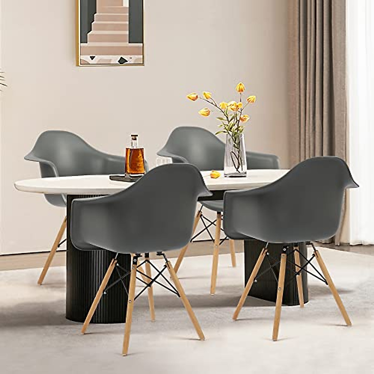 GOTMINSI Set of 4 Dining Chairs,Mid-Century Modern Dining Room Plastic Chairs, Outdoor Side Chairs with Wood Legs for Kitchen, Grey