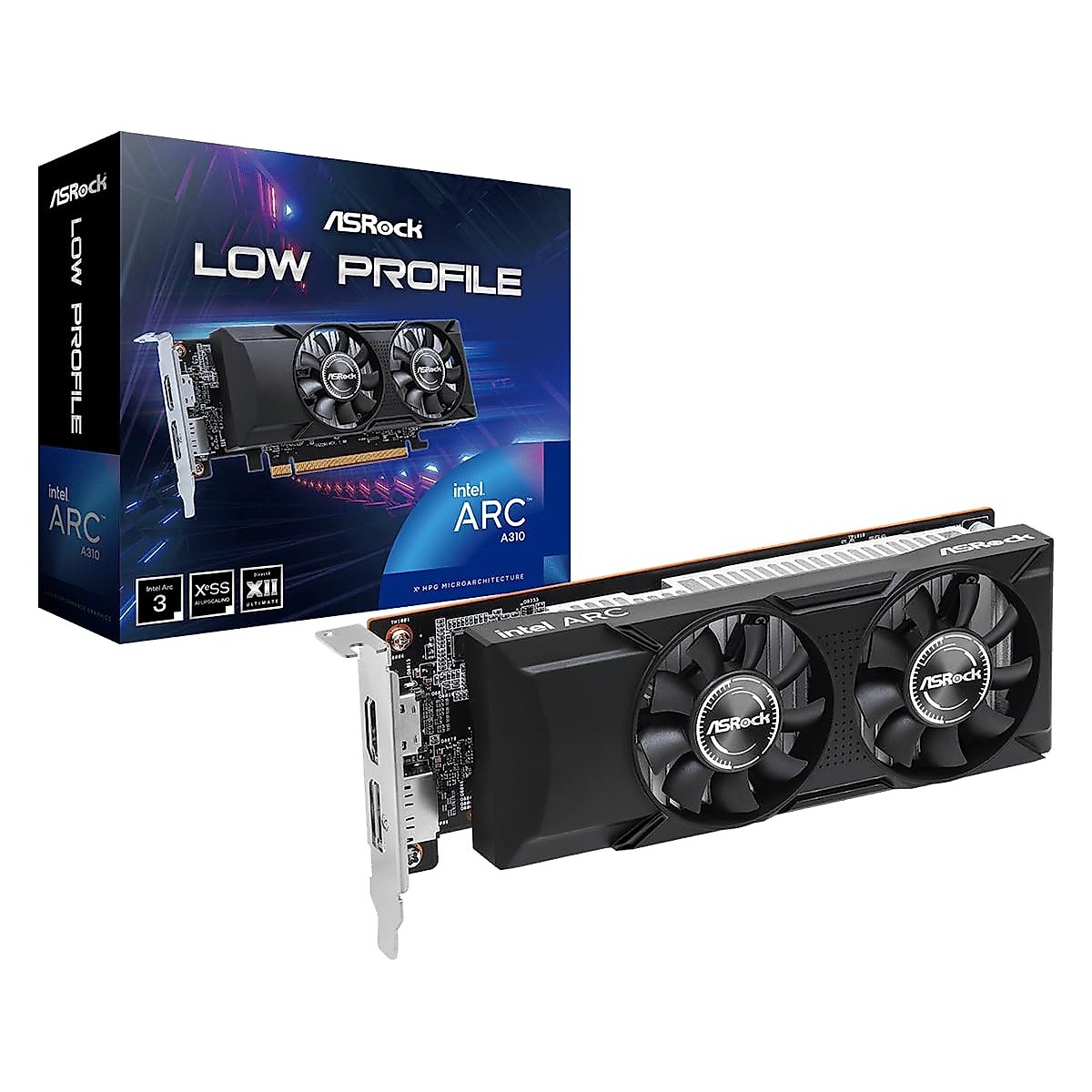 ASRock Low Profile Arc A310 4GB GDDR6 PCI Express 4.0 ITX Video Card A310 LP 4G 64-bit 0dB Silent Cooling Super Alloy Graphics Card 7680 x 4320 450W 15.5 Gbps