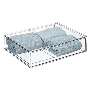 mDesign Wide Plastic Stackable Bathroom Storage Organizer Bin with Pull Out Drawer for Cabinet, Vanity, Shelf, Cupboard, Cabinet, Countertop, or Closet Organization - Lumiere Collection - Clear