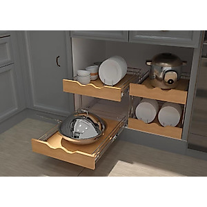 DINDON 2 Tier Pull Out Cabinet Organizer (20" W x 21" D) Slide Out Wood Shelf Double Tier Kitchen Wire Basket with Chrome Finish…