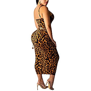 Rela Bota Women's Sexy Spaghetti Strap Sleevless Bodycon Midi Club Cocktail Dress Leopard Print XXL