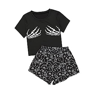 SweatyRocks Women's Cute Graphic Print Short Sleeve Crop Top with Shorts Pajama Set Black Skeleton XL